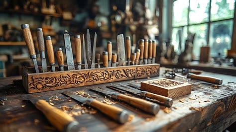 A Collection Of Woodworking Tools In A Workshop Including Chisels