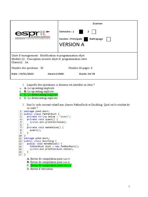 Examen 3a 21 22 Version Finale Fr Version A Pdf Classe Informatique Java Langage De
