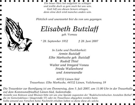 Traueranzeigen Von Lisabeth Butzlaff Trauer In Nrw De