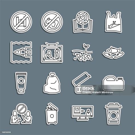 세트 라인 종이 유리 기계 기름 캐니스터 물고기 관리 지구 지구본 및 책 플라스틱 오염 방지 바다 가방 포스터 및 행성 아이콘의 문제를 말하지 마십시오 벡터 가방에 대한