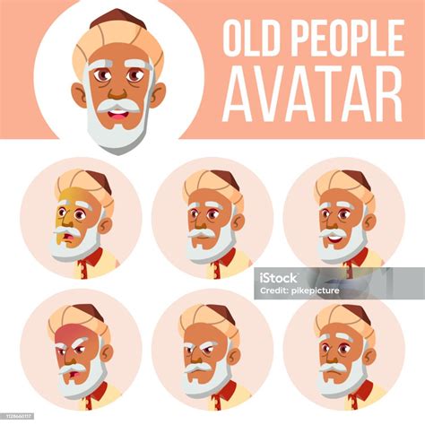 아랍 무슬림 오래 된 사람 아바타 벡터를 설정합니다 얼굴의 감정 수석 사람 초상화입니다 초로 사람들입니다 세 얼굴 사람입니다 긍정적인 만화 머리 그림 개체 그룹에 대한 스톡
