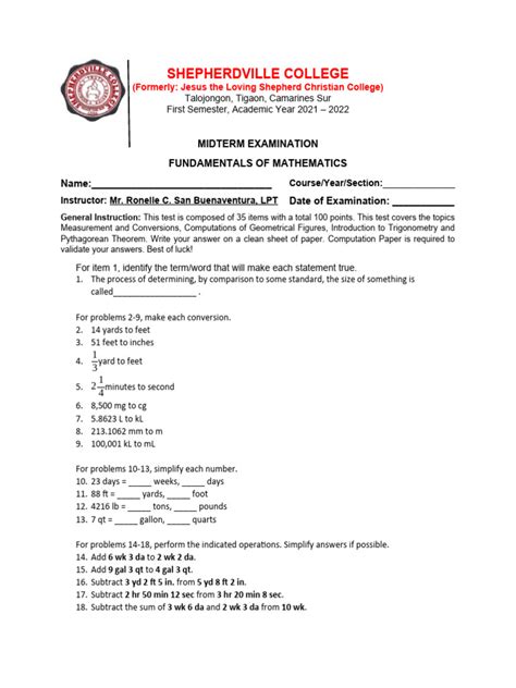 Fundamentals Of Mathematics Midterm Exam Pdf Triangle Area