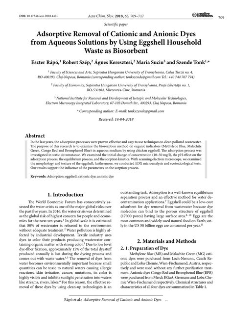 Pdf Adsorptive Removal Of Cationic And Anionic Dyes From Aqueous Solutions By Using Eggshell
