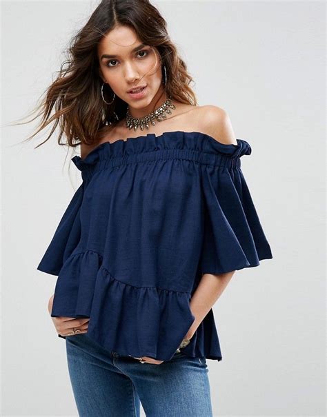 Asos Design Off Shoulder Top With Asymmetric Ruffle Hem Off Shoulder