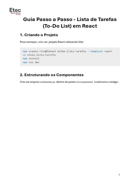 Guia Passo A Passo Lista De Tarefas To Do List Em React Pdf