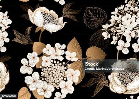 모란과 꽃 수 국으로 완벽 한 패턴입니다 벡터 배경입니다 꽃 식물에 대한 스톡 벡터 아트 및 기타 이미지 꽃 식물 금색 패턴 Istock