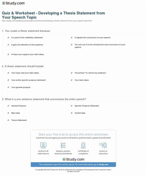 Thesis Statement Practice Worksheet Unique Quiz Worksheet Developing A Thesis Statement From