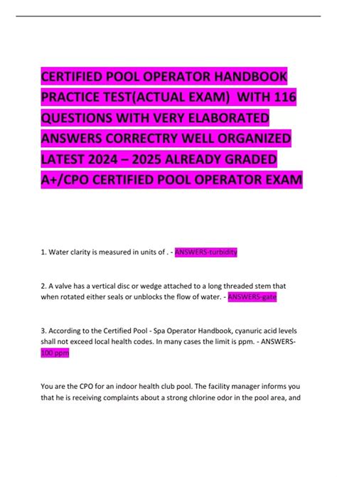 Certified Pool Operator Handbook Practice Test Actual Exam With 116