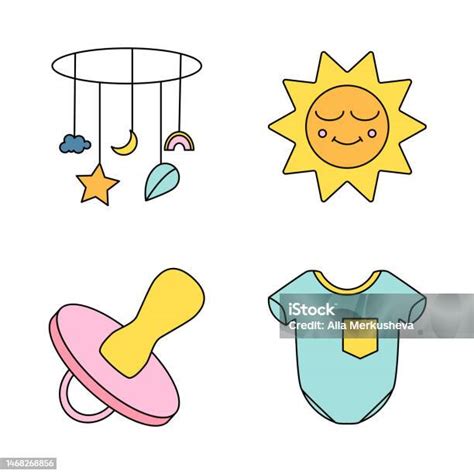 귀여운 베이비 샤워 개체 만화 모바일 태양 젖꼭지 의류 낙서 어린이 클립 아트 베이비 샤워 초대 카드 보육실 장식 포스터 세트 0명에 대한 스톡 벡터 아트 및 기타 이미지