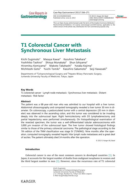 Pdf T1 Colorectal Cancer With Synchronous Liver Metastasis