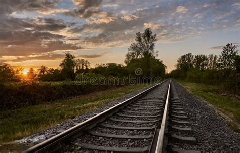 Train Tracks At Sunset Stock Image Image Of Trees Infrastructure