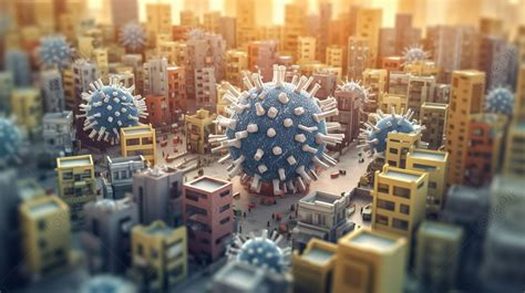 코로나 바이러스의 확산 개념을 묘사한 미니어처 도시 건물의 3d 렌더링 공중 보기 물의 배경 3d 건물 배경 도시 렌더링