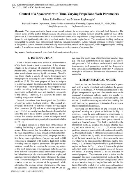 Pdf Control Of A Spacecraft With Time Varying Propellant Slosh Parameters