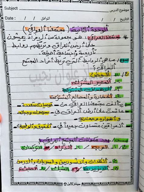 ملخص اجتماعيات سادس ابتدائي للوحدة الثانيه مجتمعنا العراقي