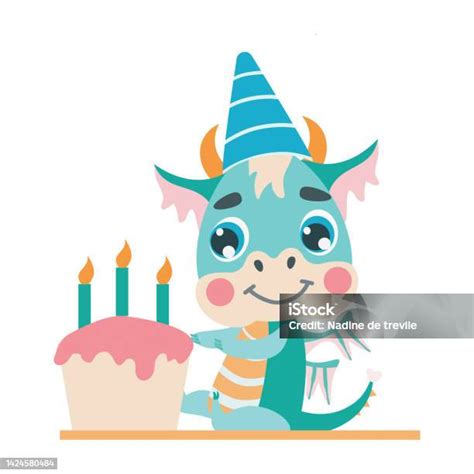 멋진 녹색 용이 생일을 축하합니다 그의 머리와 케이크 근처에 모자가 있습니다 디자인 인쇄물 인사말 카드 및 패턴에 대한 벡터 일러스트레이션 2024 년의 귀여운 환상적인