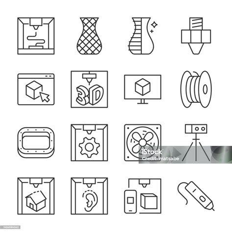 3d 프린터 아이콘 세트 3d 프린터 인쇄 적층 제조 선형 아이콘 수집을위한 서비스 단계 도구 및 액세서리 편집 가능한 획이 있는 선 아이콘에 대한 스톡 벡터 아트 및 기타
