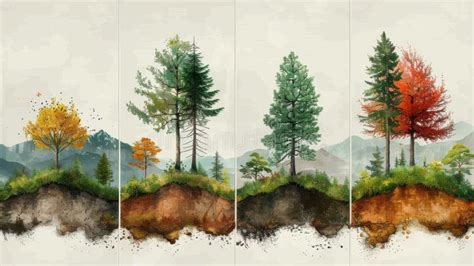 Four Different Trees On A Hill Generative Ai Stock Image Image Of