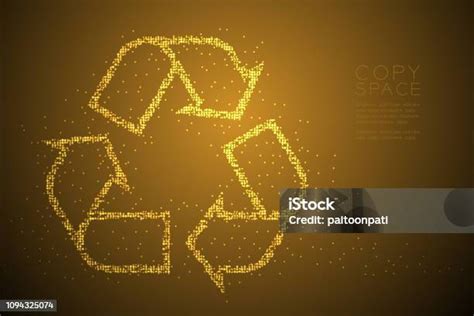 추상적인 기하학적 Bokeh 서클 도트 픽셀 패턴 재활용 기호 환경 보존 개념 디자인 골드 색상 갈색 그라데이션 배경 복사 공간