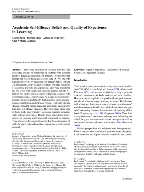 Pdf Academic Self Efficacy Beliefs And Quality Of Experience In Learning