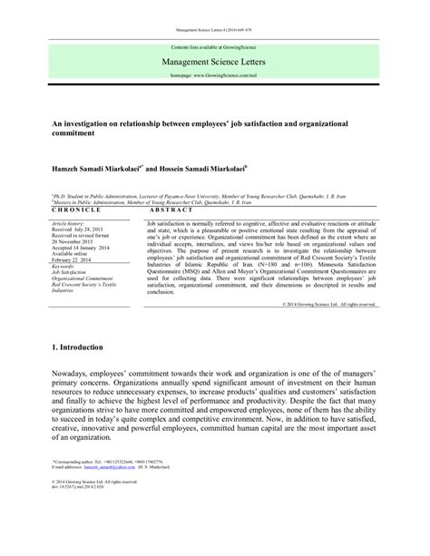 Pdf An Investigation On Relationship Between Employees Job Satisfaction And Organizational
