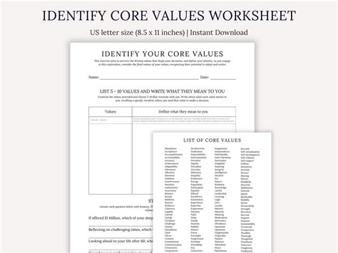 Printable Identify Core Values Worksheet Self Exploration Worksheet Self Reflection Exercise