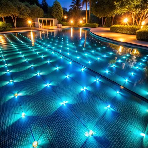 Top View Of Glowing Lights Reflecting On Water Surface In Swimming Pool