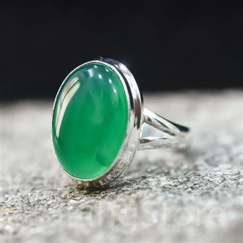 Green Chalcedony Bohemian Gemstone Ring In 925 Sterling Silver