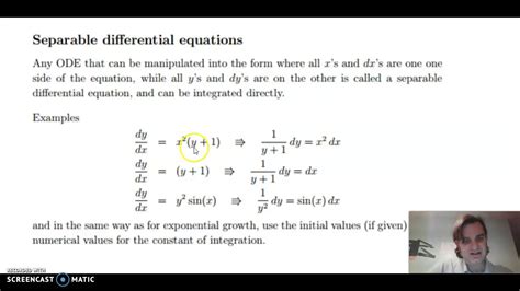 Separable Differential Equations Part 1 Youtube