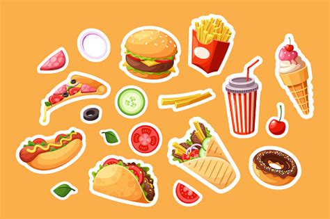 다채로운 패스트 푸드 스티커 세트 햄버거 감자 튀김 피자 아이스크림 콜라 컵 핫도그 도넛을 곁들인 타코 타코에 대한 스톡 벡터 아트 및 기타 이미지 Istock