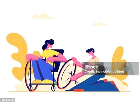 휠체어 남자 수리 휠에 앉아 젊은 장애인 여자 사랑 가족 인간 관계 장애 남자 친구와 장애인 여자 친구 야외 걷기 잘못 된 만화 평면 벡터 일러스트 휠체어에 대한 스톡 벡터