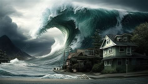 큰 파도가 마을을 휩쓸다 실제 쓰나미 사진 쓰나미 재해 배경 일러스트 및 사진 무료 다운로드 Pngtree