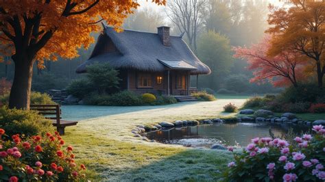 Маленький домик у пруда осенью с включенным светом · 1920x1080 Full Hd бесплатная фотография от