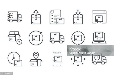 배달 관련 라인 아이콘 세트입니다 선형 아이콘을 내보내고 가져옵니다 로지스틱 윤곽 벡터 기호 및 기호 컬렉션입니다 검사 보기에 대한 스톡 벡터 아트 및 기타 이미지 Istock