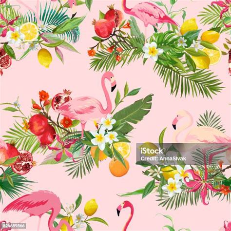 열 대 과일 꽃과 홍학 새 원활한 배경 레트로 여름 패턴 벡터 패턴에 대한 스톡 벡터 아트 및 기타 이미지 패턴 홍학 열대 식물 꽃 Istock