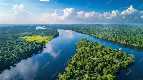 Aerial View Of A Lush River Winding Through The Amazon Rainforest Under