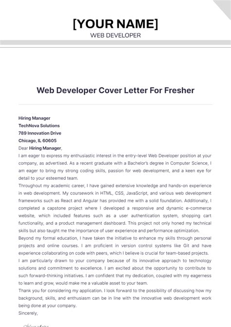 Free Web Developer Cover Letter For Fresher Template To Edit Online