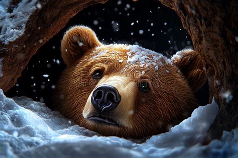 A Realistic Painting Of A Bear Hibernating In A Cave During Winter