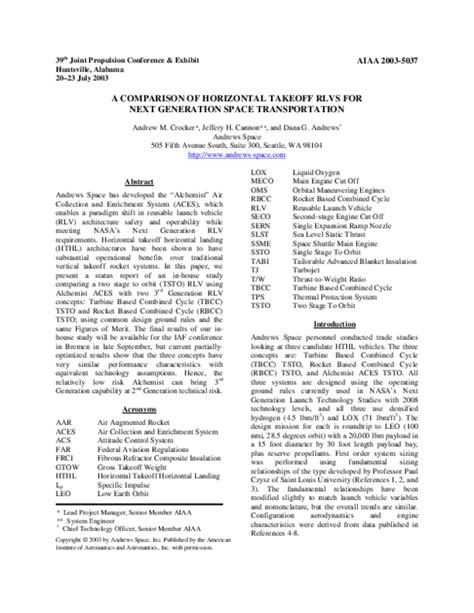 Pdf A Comparison Of Horizontal Takeoff Rlvs For Next Generation Space Transportation