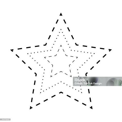 유치원 유치원 및 몬테소리 어린이 사전 작성 그리기 및 절단 연습 활동을위한 별 모양의 파선 요소 추적 0명에 대한 스톡 벡터