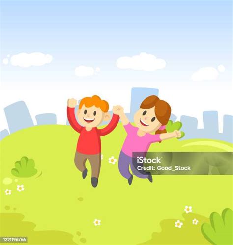 도시와 푸른 하늘 배경에 공기에 자신의 손으로 기쁨을 위해 점프 행복 만화 어린 소년과 소녀 아이 놀기에 대한 스톡 벡터 아트 및 기타 이미지 Istock