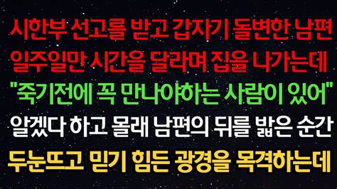 실화사연 시한부 선고 받고 갑자기 돌변한 남편 잠시 시간을 달라며 집을 나가는데 죽기전에 꼭 만나야하는 사람이 있어 몰래