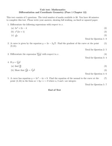 Edexcel Pure 1 Chapter 12 Part 12 Unit Test Differentiation With