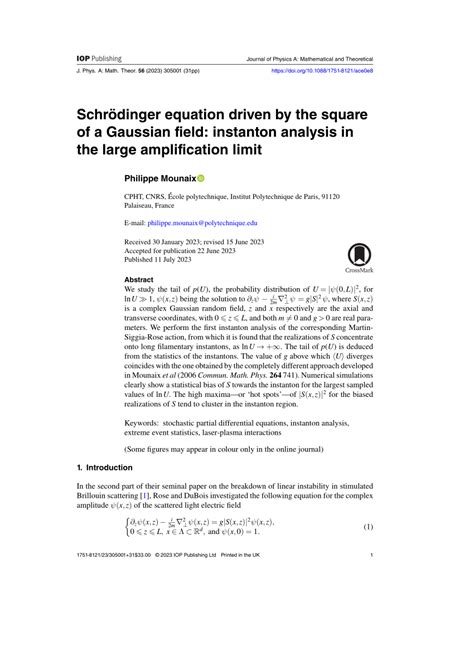 Schrödinger Equation Driven By The Square Of A Gaussian Field Instanton Analysis In The Large