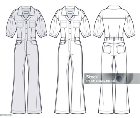데님 점프 슈트 플레어 팬츠 테크니컬 패션 일러스트레이션 유틸리티 점프 슈트 패션 플랫 기술 도면 템플릿 슬림 핏 포켓 버튼