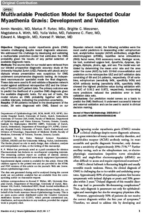 Multivariable Prediction Model For Suspected Ocular Myasthenia Gravis Development And