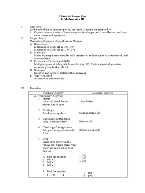 Grade 3 Detailed Lesson Plan Mathematics Yarn Metre