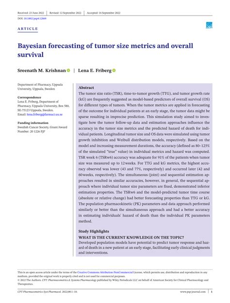 Pdf Bayesian Forecasting Of Tumor Size Metrics And Overall Survival