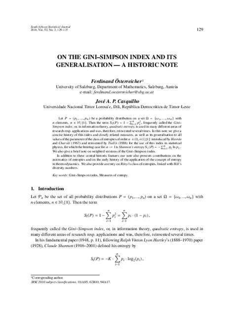 Pdf On The Gini Simpson Index And Its Generalisation—a Historic Note José A P Casquilho