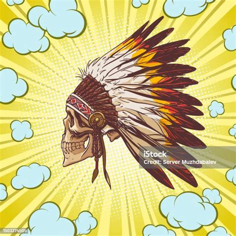 인쇄와 디자인을 위한 팝 아트 스타일의 아메리카 원주민 추장들의 두개골이 있는 개념 벡터 그림입니다 개념에 대한 스톡 벡터 아트 및 기타 이미지 Istock