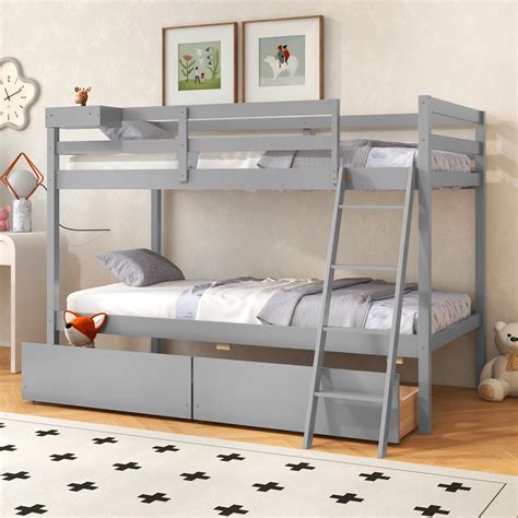 Kotek Bunk Bed Twin Over Twin With 2 Storage Drawers Solid Wood Bunk